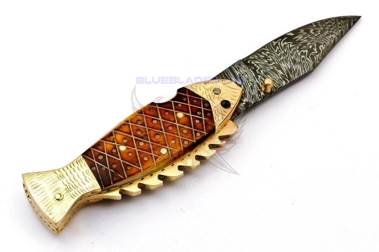 Personalized Custom Damascus Steel Folding Knife Fish Knife Pocket ...