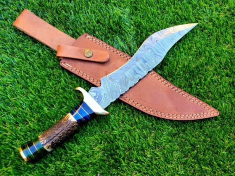 14 Inch Custom FORGED DAMASCUS Steel Hunting Knife With Stag and Brass ...