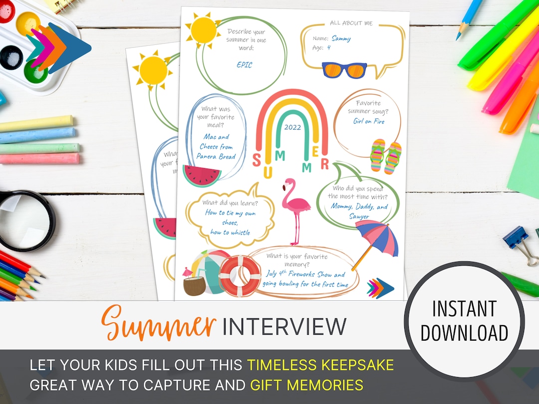 Summer Interview Template, Personalized Kids Keepsake, End of Summer ...