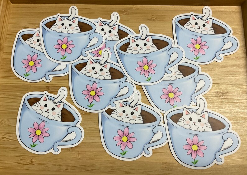 Cute Cat in a Flower Coffee Cup Latte Coffee Cat Sticker - Cat Sticker ...