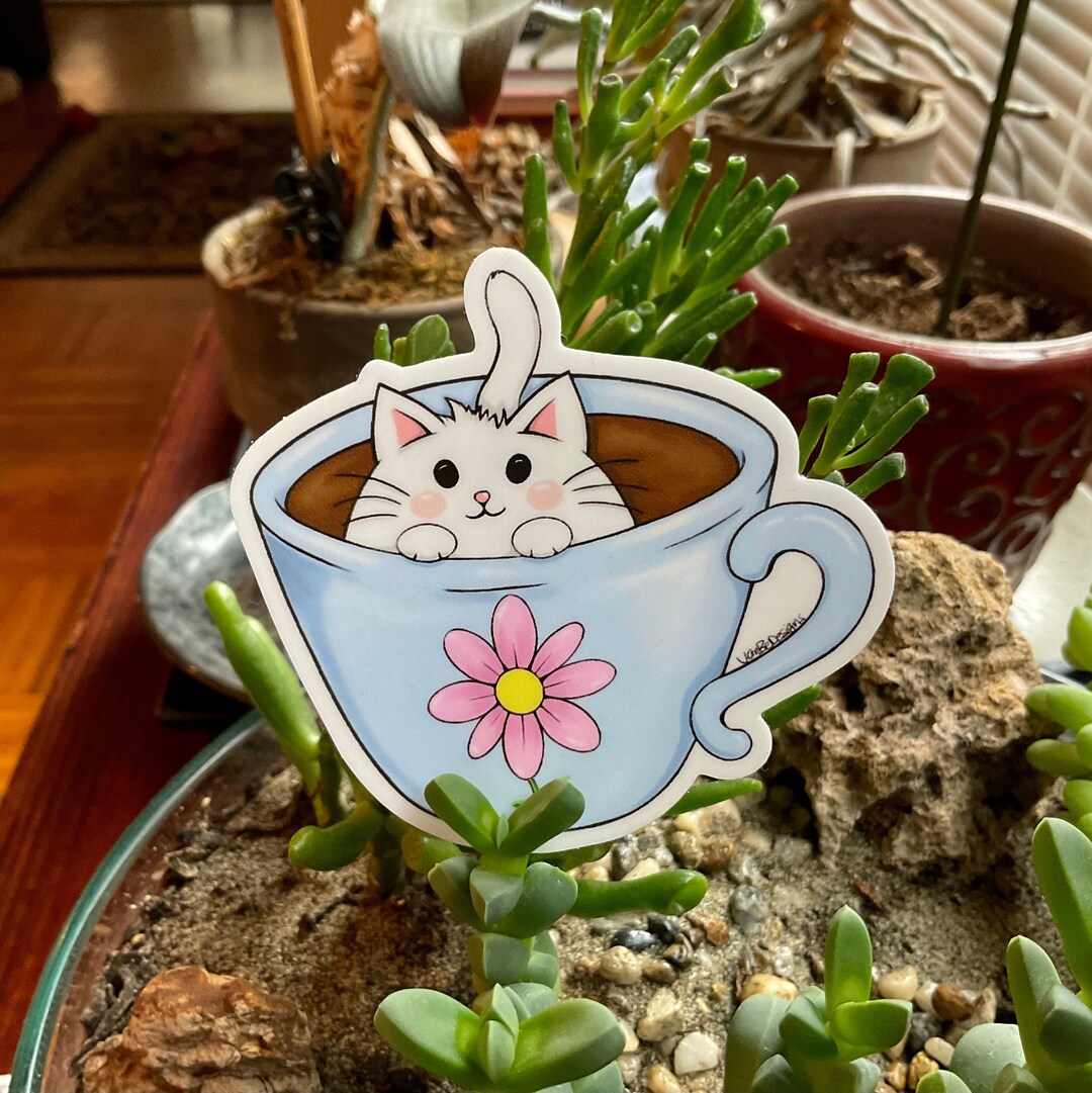 Cute Cat in a Flower Coffee Cup Latte Coffee Cat Sticker - Cat Sticker ...
