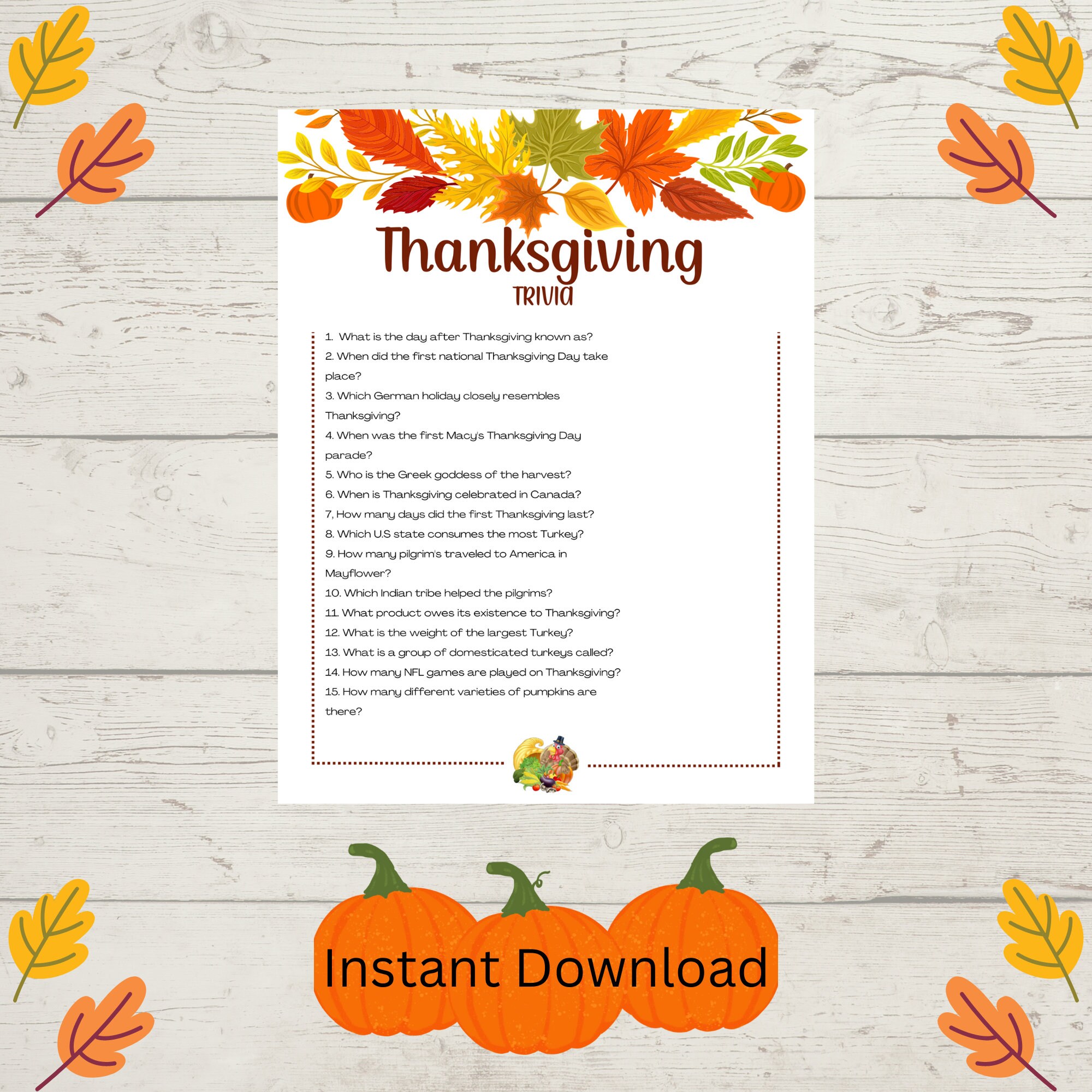 Thanksgiving Trivia Download, Instant Download, Printable PDF ...