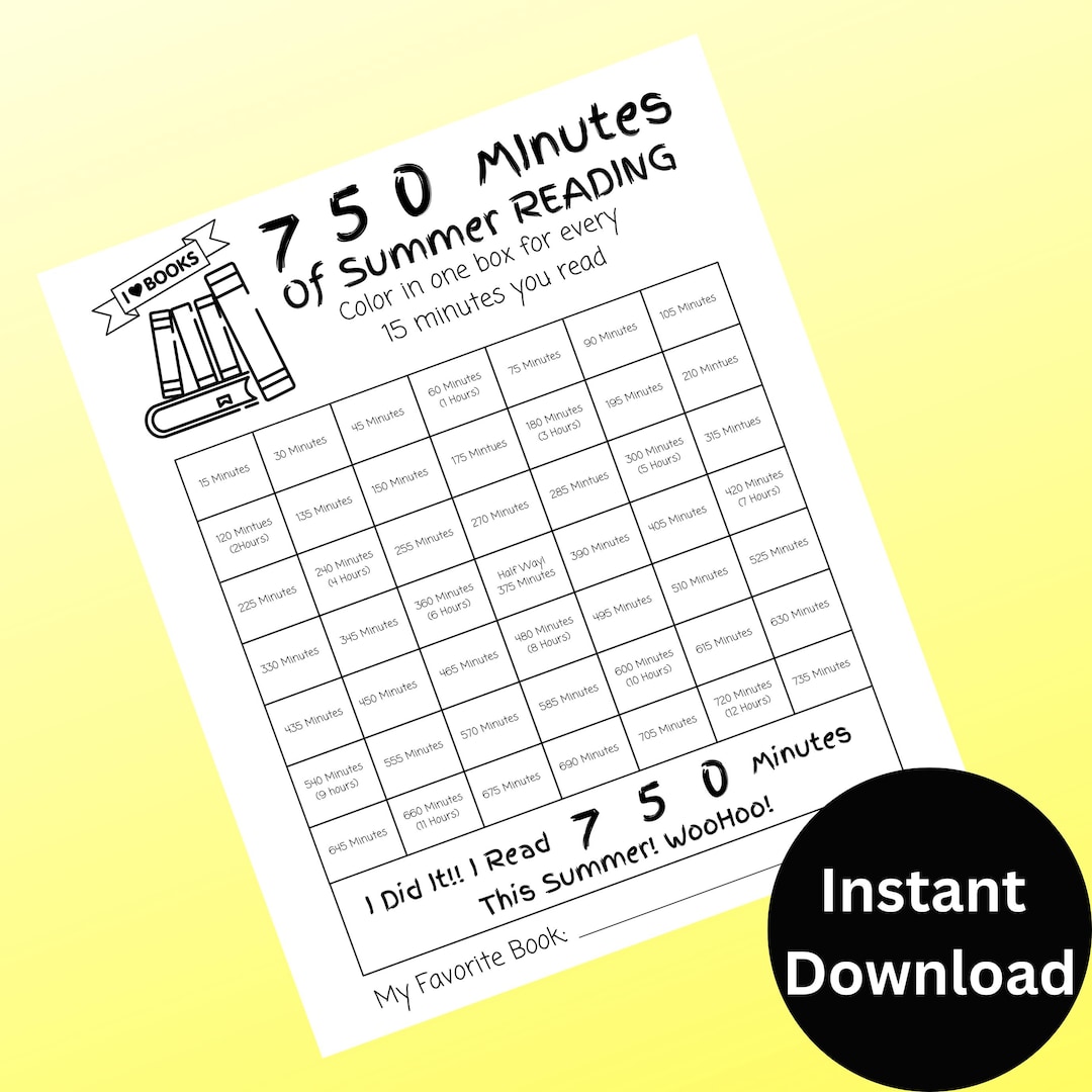 750 Minutes of Reading, Kids Reading Log, Instant Download, Summer ...