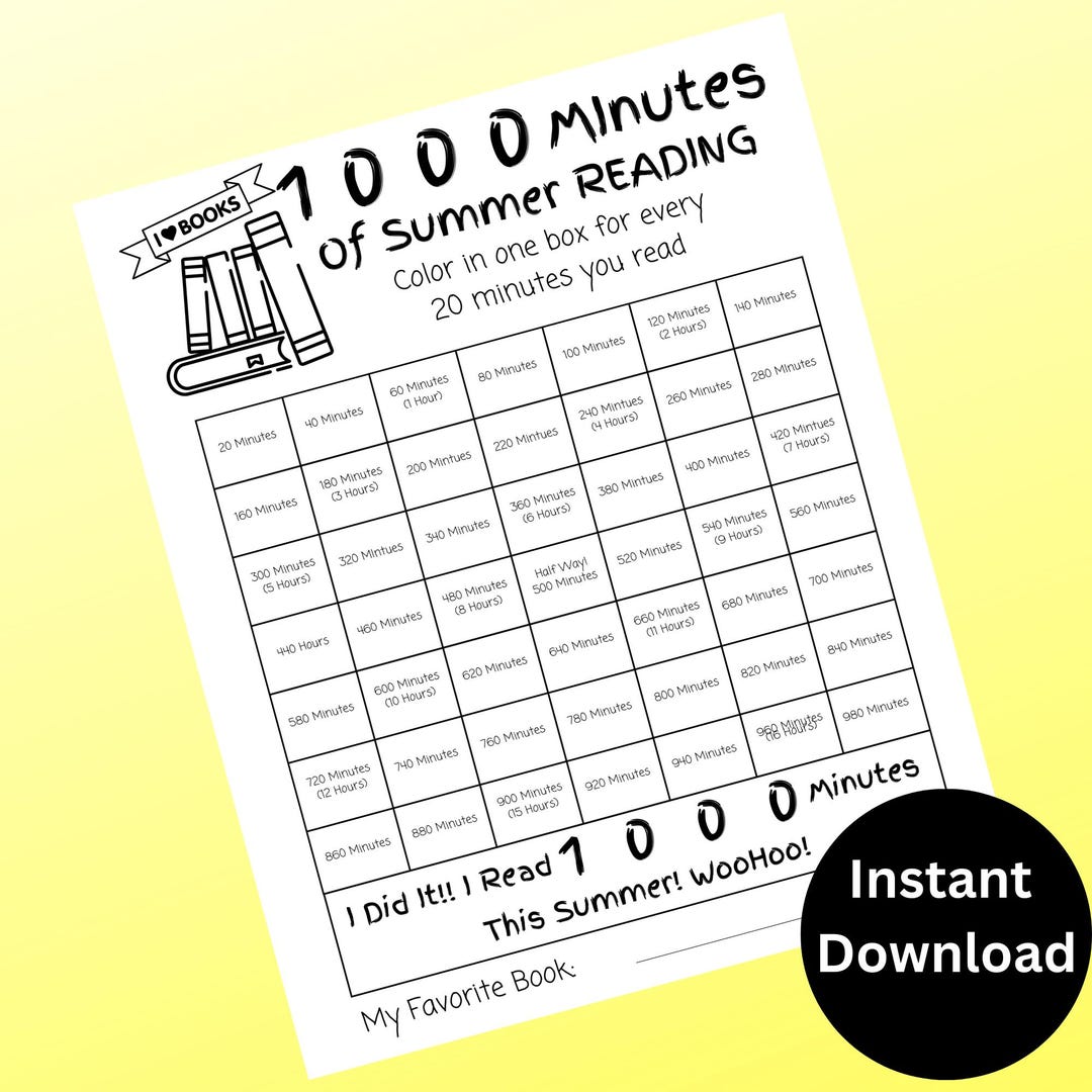 1000 Minutes of Reading, Kids Reading Log, Instant Download, Summer ...