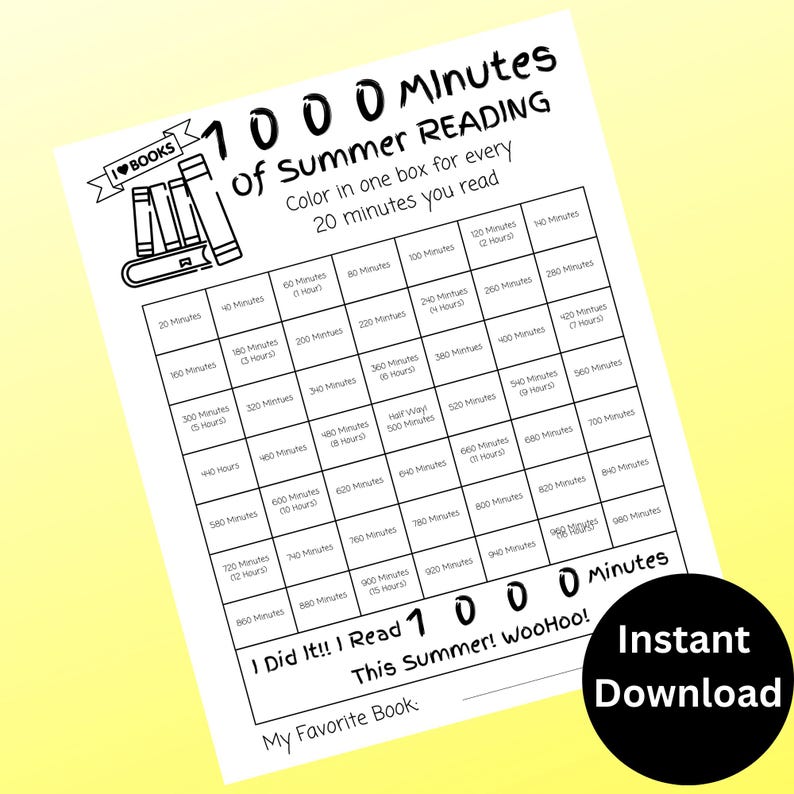1000 Minutes of Reading, Kids Reading Log, Instant Download, Summer ...