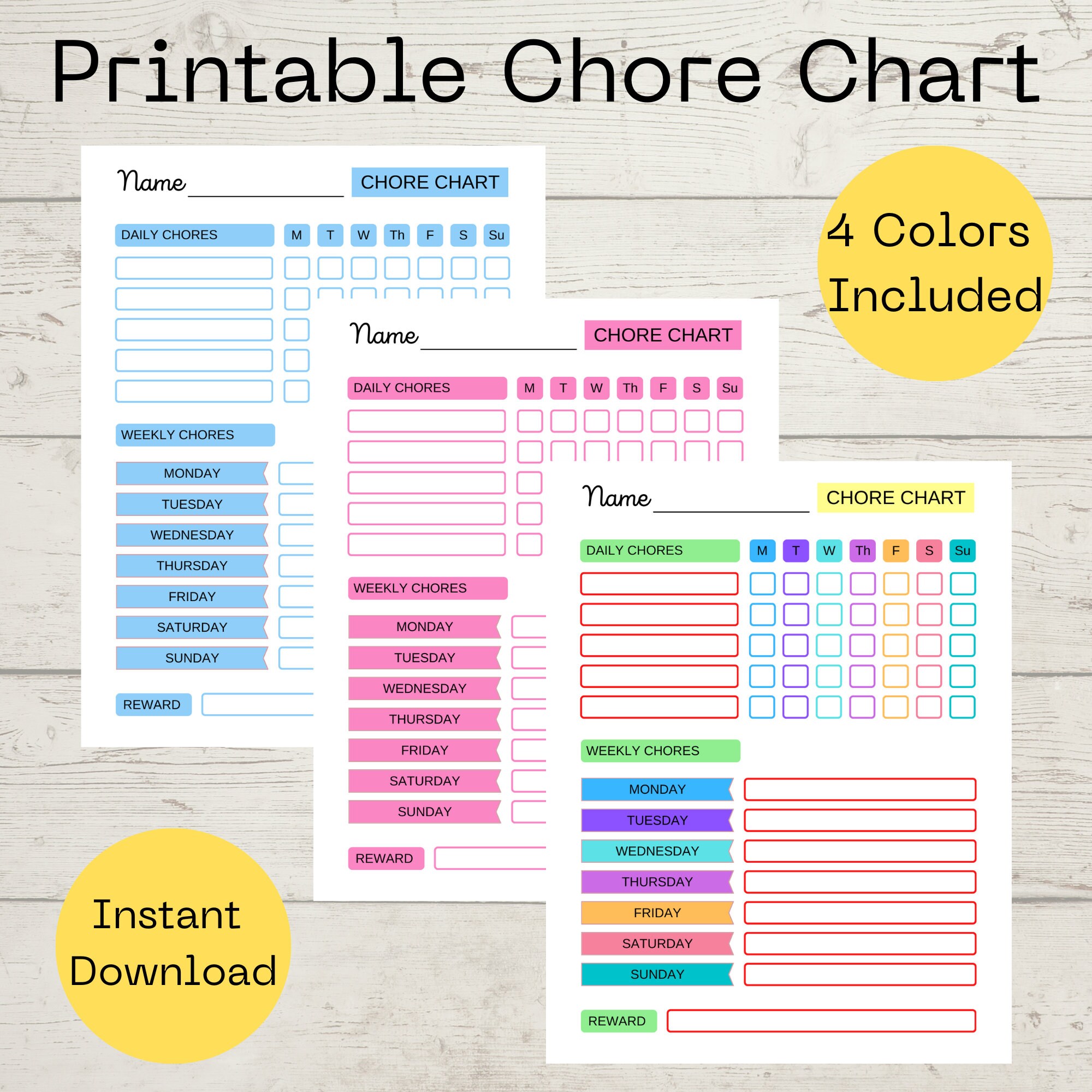 Chore Chart, Kids Chore Chart. Daily Chore Chart, Instant Download ...