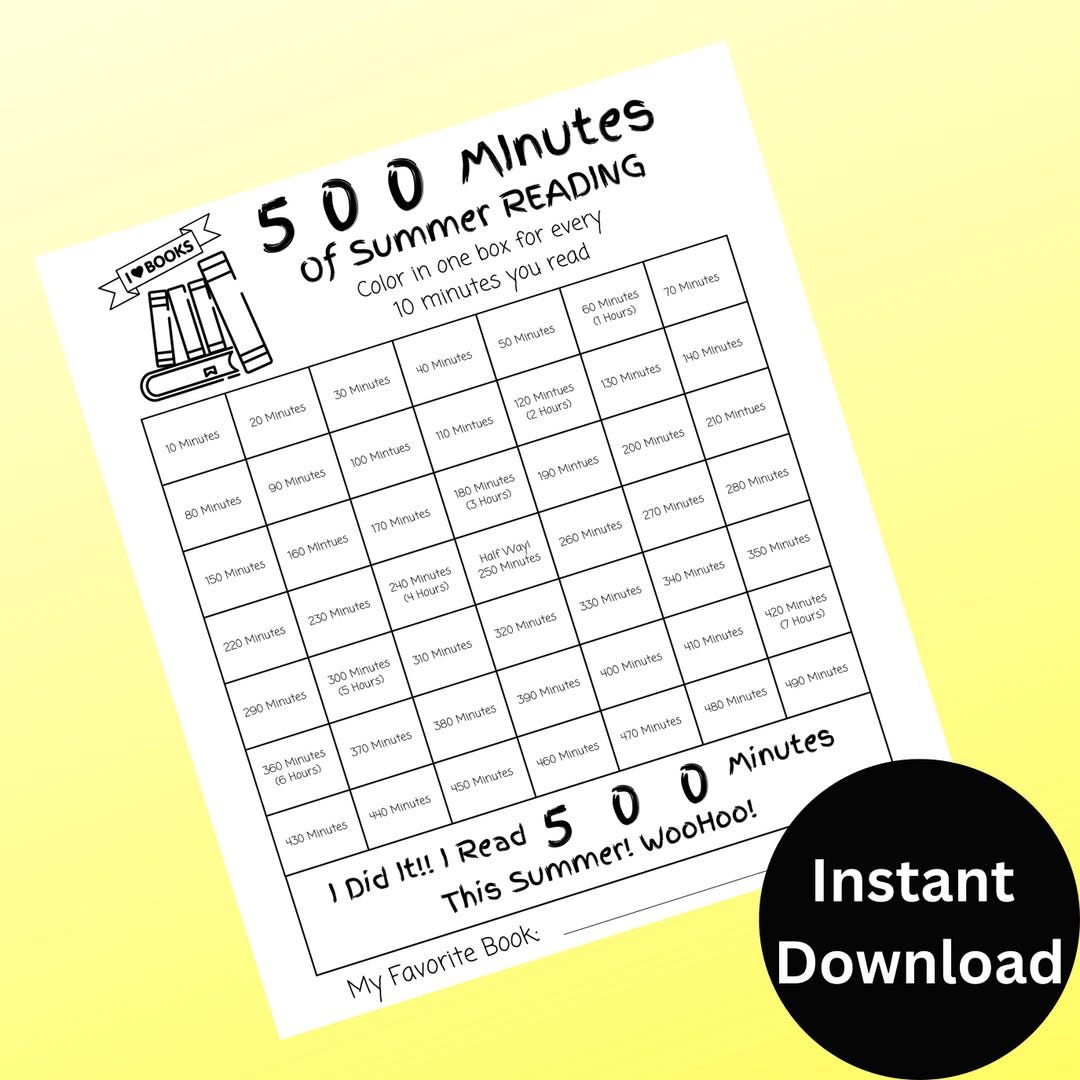 500 Minutes of Reading, Kids Reading Log, Instant Download, Summer ...