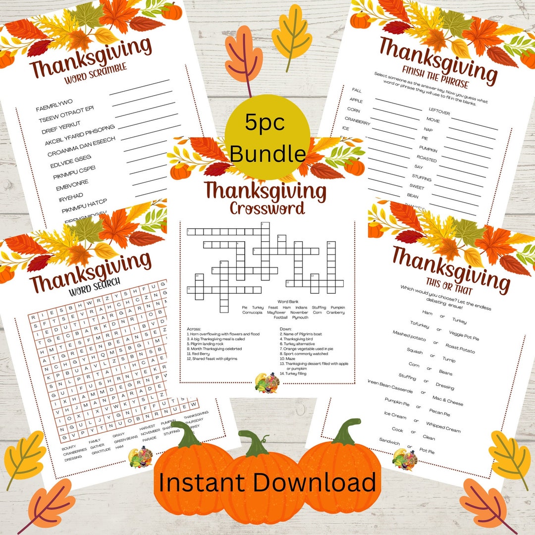Thanksgiving Digital Download, Word Search, Crossword Puzzle ...