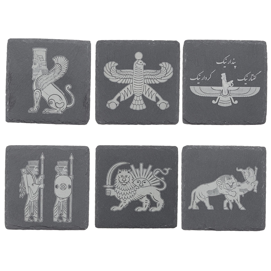 Persian Mythical Slate Coasters set of 6, Natural Edge Stone Coasters ...