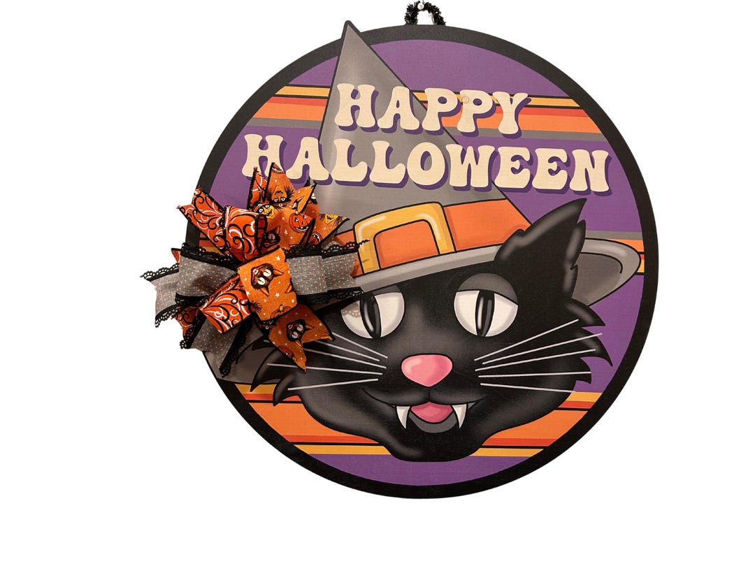 Halloween Black Cat Door Hanger, Happy Halloween Sign With Bow, Witch ...