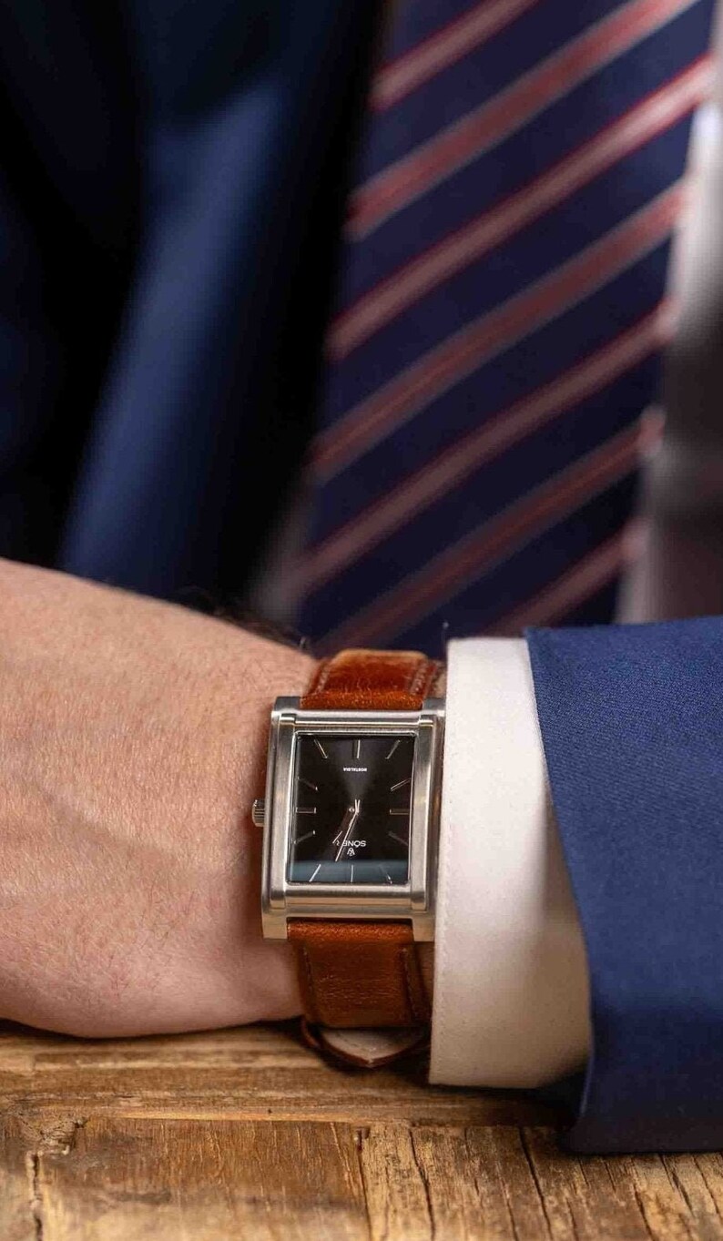 Man Square Watch in Stainless Steel With Black Dial Tank Quartz Retro ...