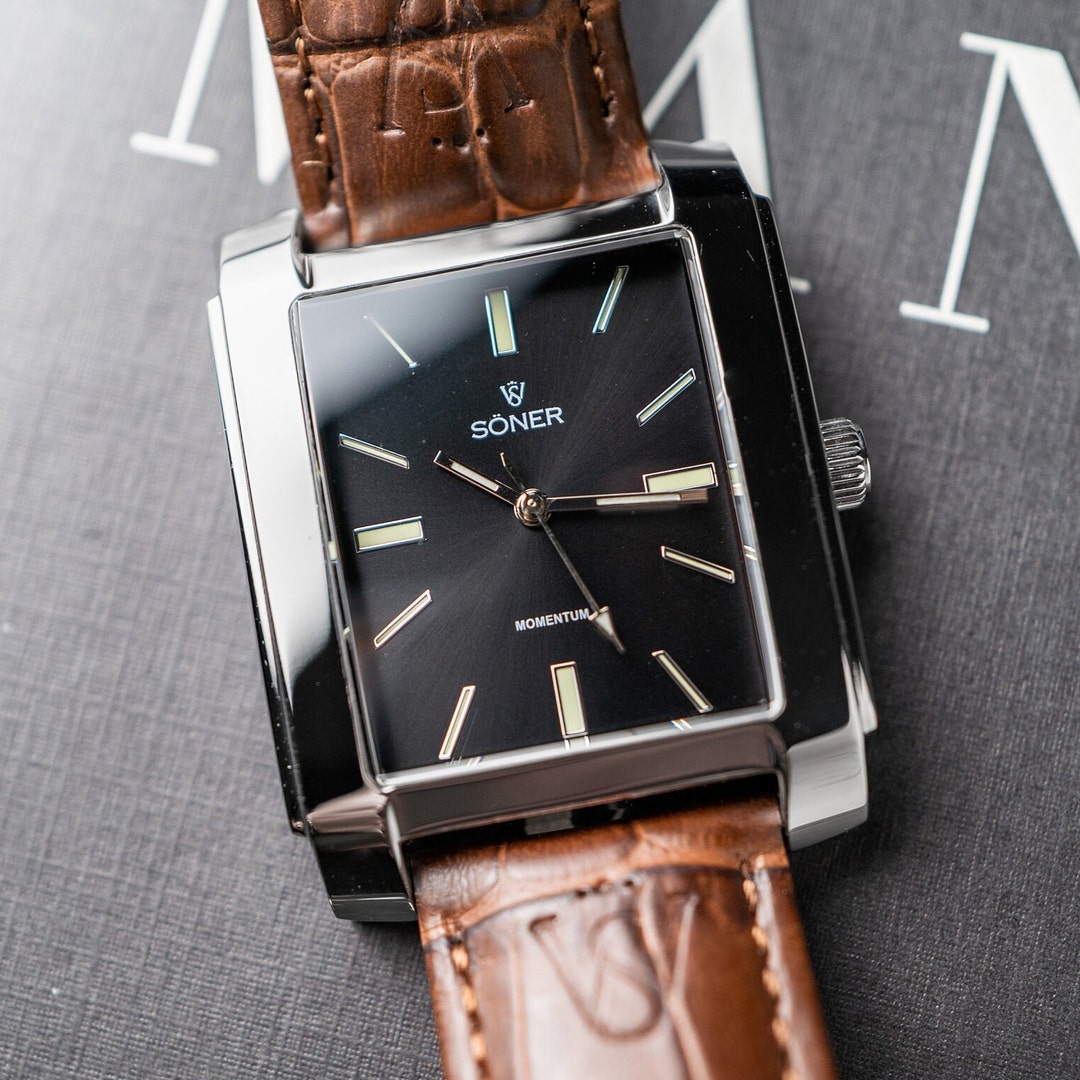 Rectangular Men's Watch, Black Dial, Polished Steel Case, Stylish and ...