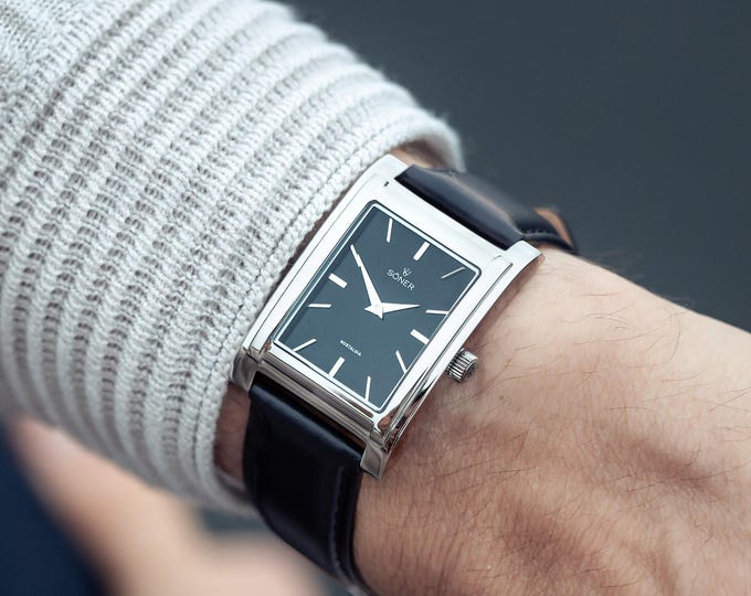 Men Classic Watch Square Rectangular Black Leather Strap Roman Numeral ...