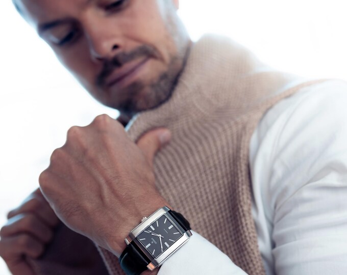 Men Classic Watch Square Rectangular Black Leather Strap Roman Numeral ...