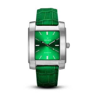 Man Square Watch in Stainless Steel With Green Dial - Tank Quartz Retro ...