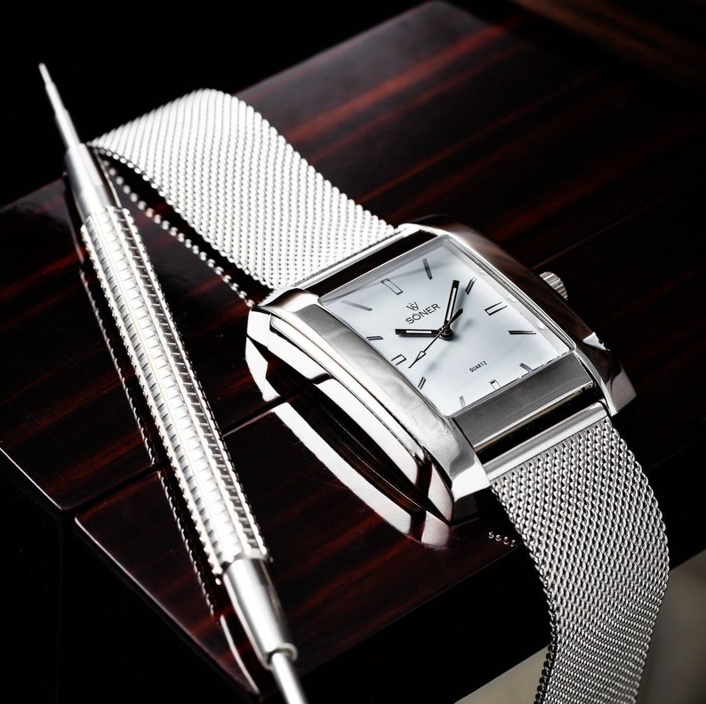 Man Square Watch in Stainless Steel With White Dial - Tank Quartz Retro ...