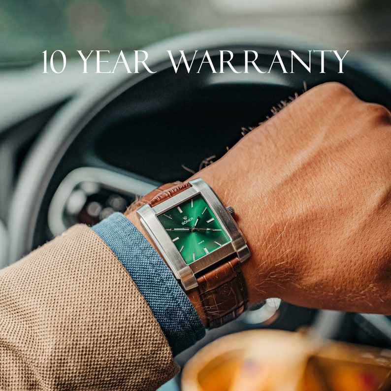 Man Square Watch in Stainless Steel With Green Dial - Tank Quartz Retro ...