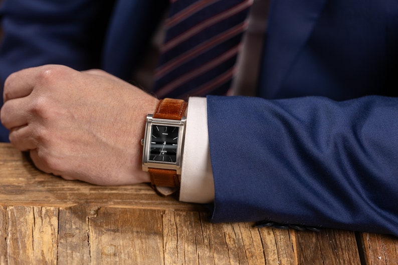 Man Square Watch in Stainless Steel With Black Dial Tank Quartz Retro ...