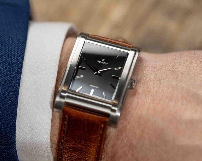 Men Classic Watch Square Rectangular Black Leather Strap Roman Numeral ...