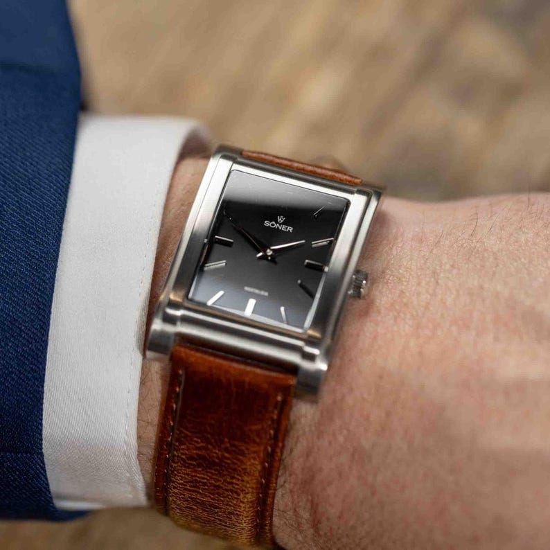 Man Square Watch in Stainless Steel With Black Dial Tank Quartz Retro ...