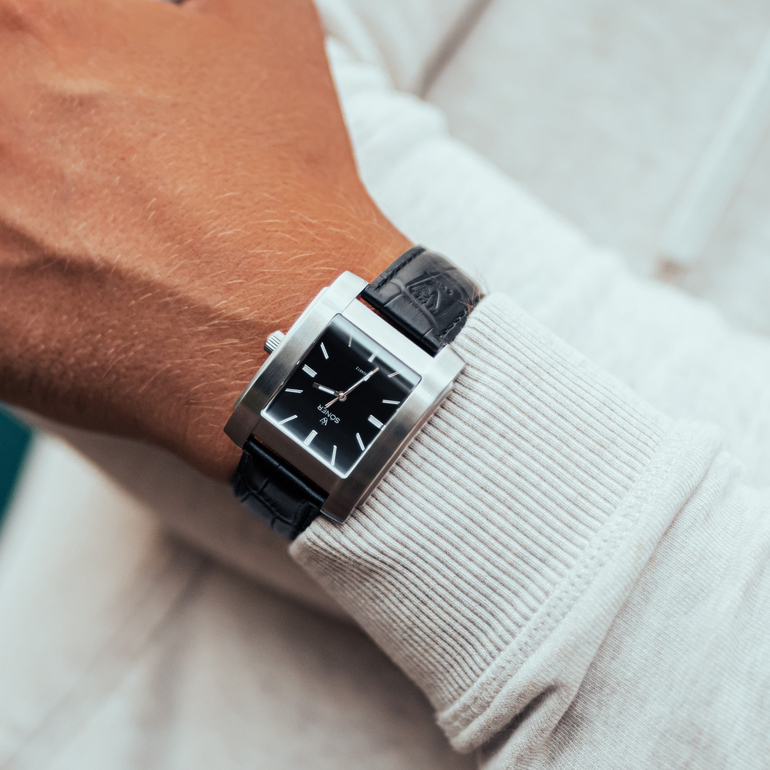 Rectangular Men's Watch, Black Dial, Brushed Steel Case, Stylish and ...