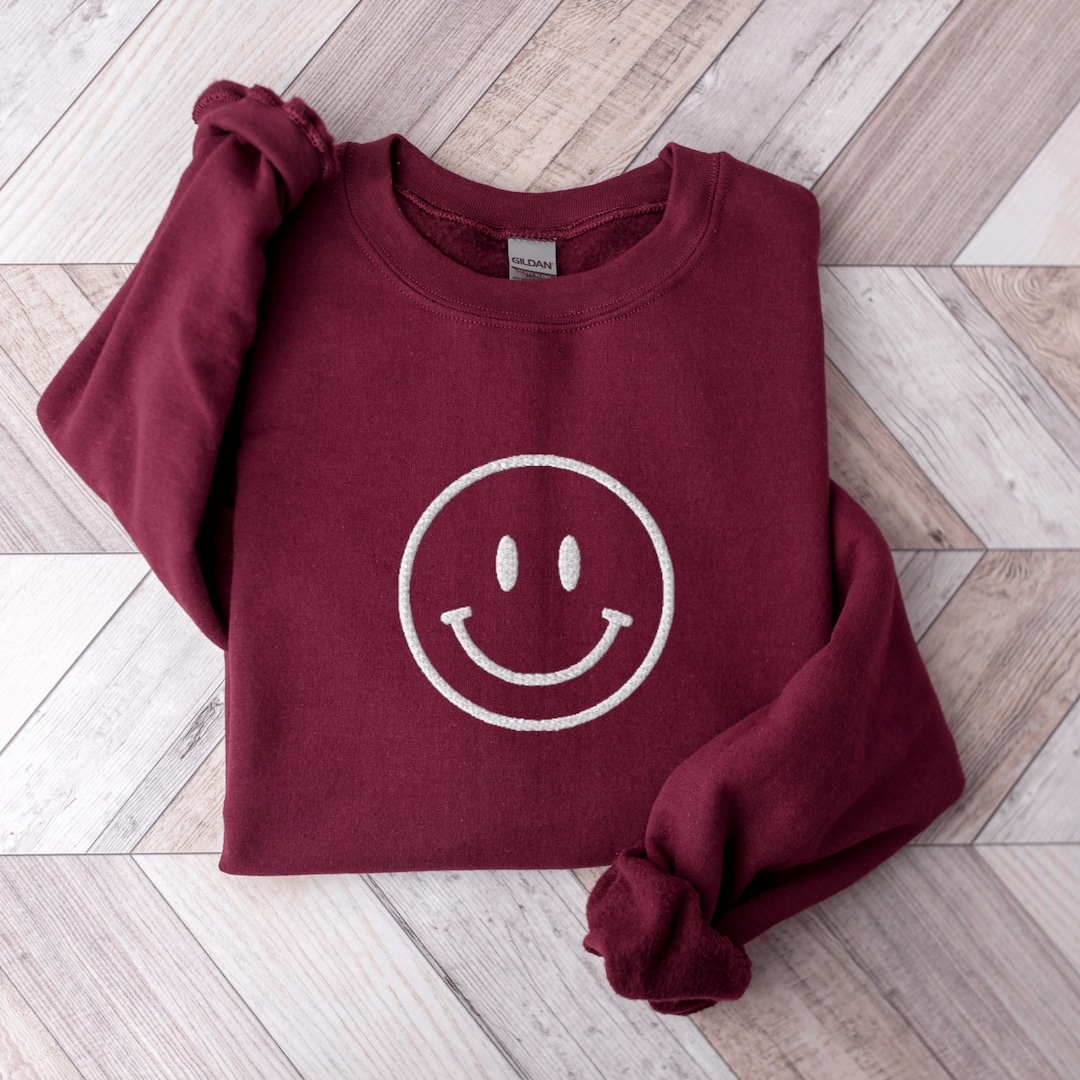 Smiley Face Sweatshirt, Embroidered Smile Crewneck Sweatshirt, Happy ...