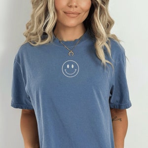 Comfort Colors Smiley Face T-shirt, Embroidered Happy Face Shirt ...