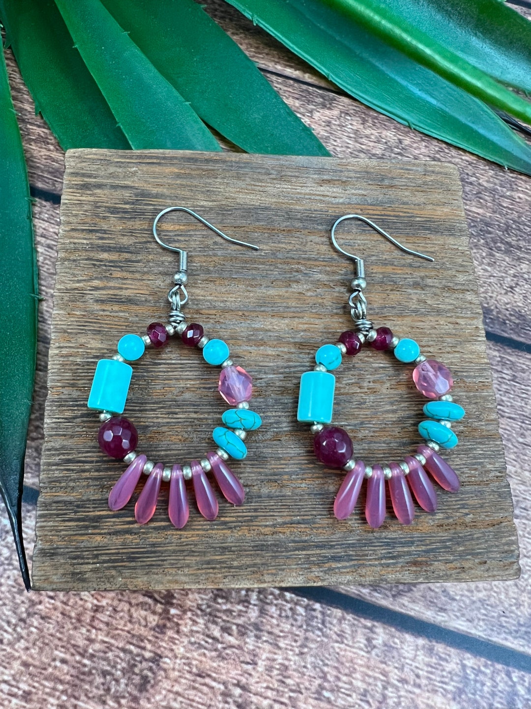 Hoop Earrings, Feather Fan, Western, Dagger Beads, Turquoise, Rodeo ...