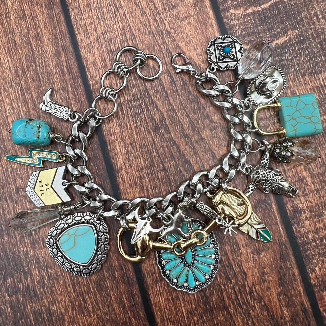 Gold Plated Snaffle Bit, Turquoise Western Horse Girl Charm Bracelet ...