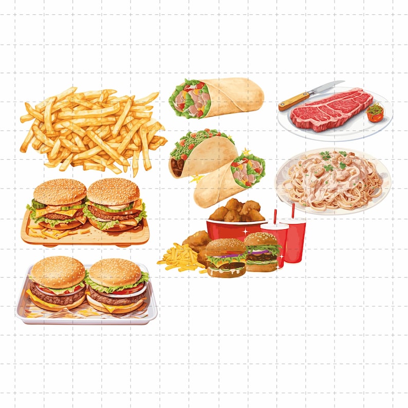 30 Fast Food Clipart Bundle SVG PNG Set, High Quality Watercolor ...