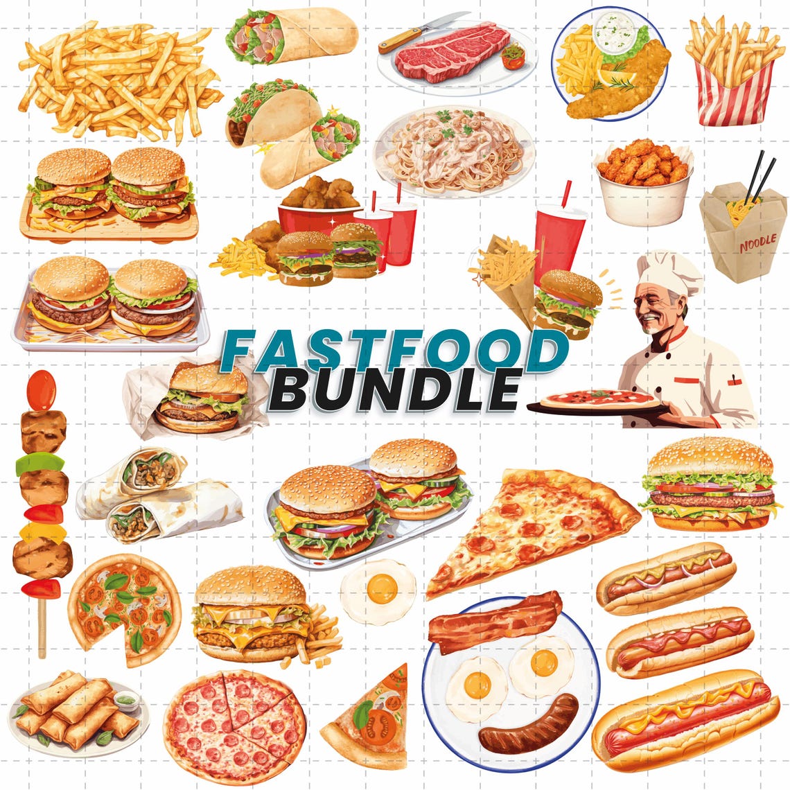 30 Fast Food Clipart Bundle SVG PNG Set, High Quality Watercolor ...