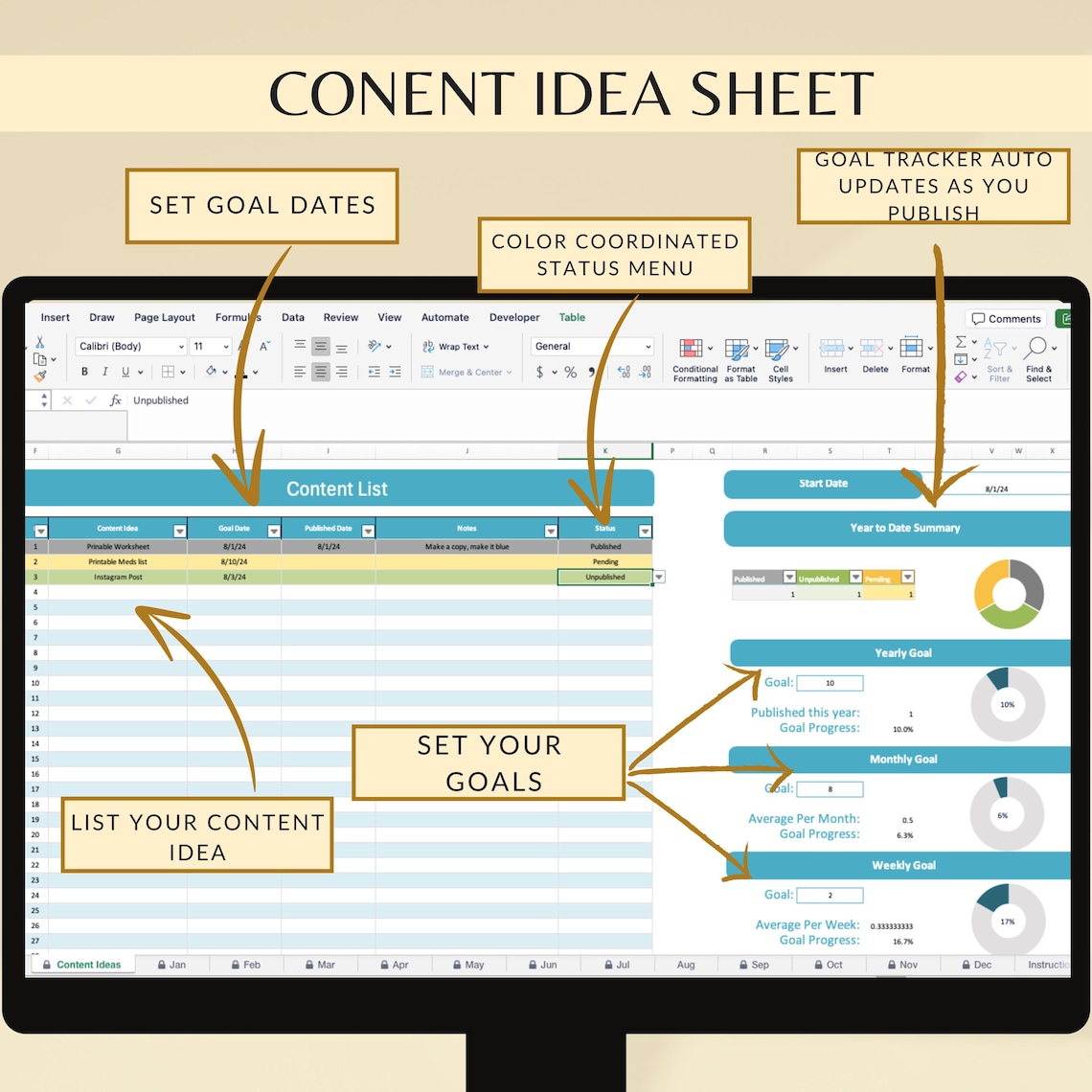 Simple Content Goal Planner & Tracker Excel Template for Content ...