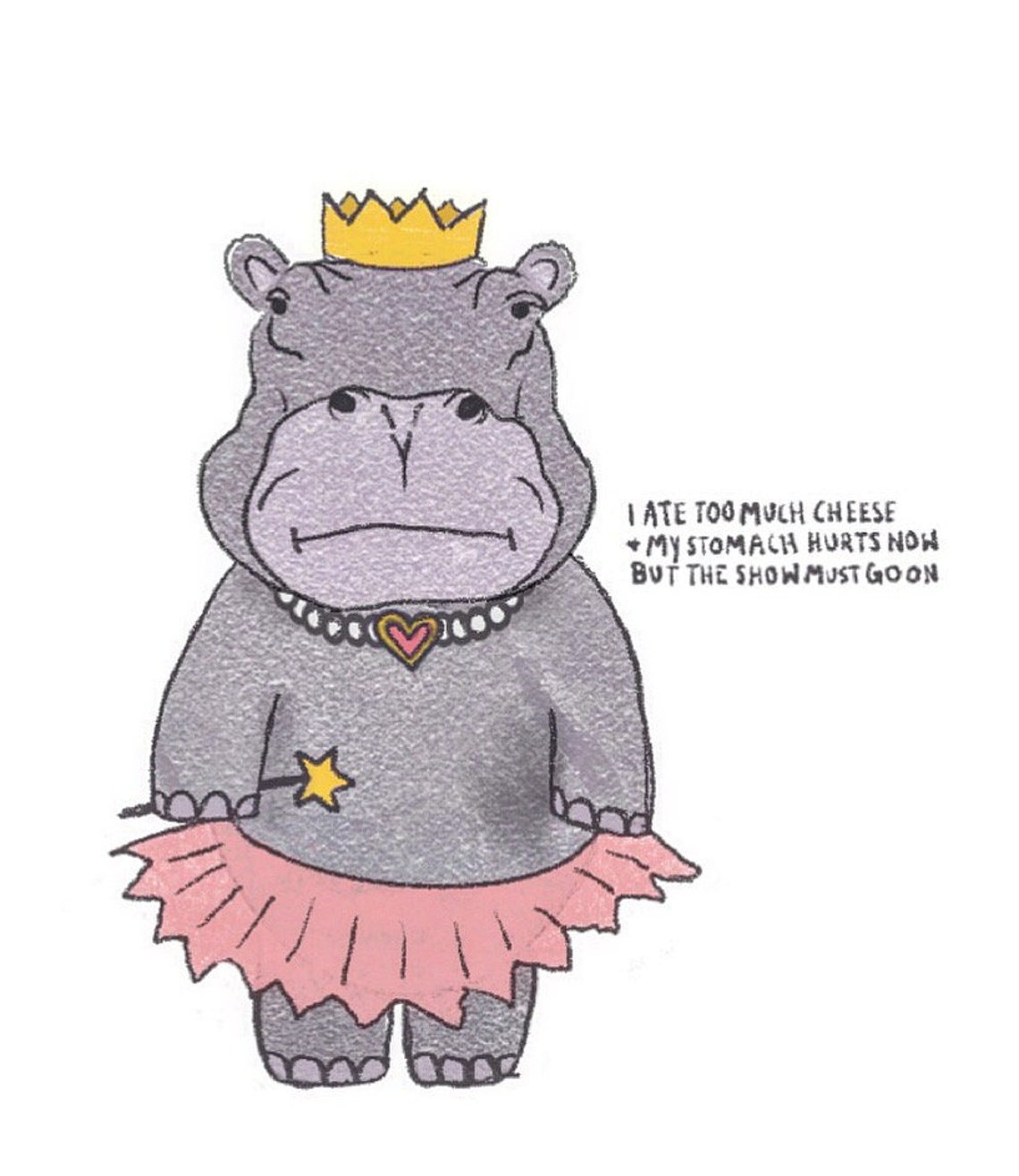 Hippo Princess Who Ate Too Much Cheese - Fun Hand Drawn Print - Etsy