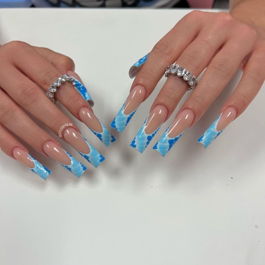 Blue and White French Tip Nails Blue Croc Print Nails Press on Nails - Etsy