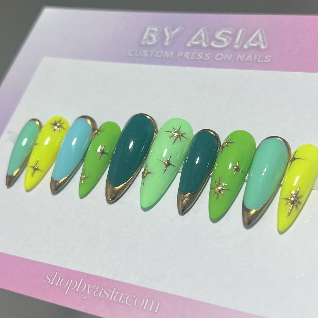Shades of Green Press on Nail Set Gold Chrome Nails Light Green Nails ...