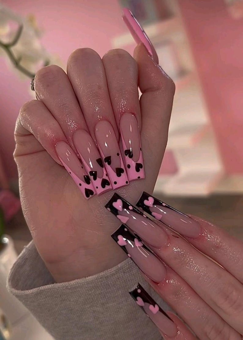 Pink & Black Hearts | French Tips | Valentines Day Nails - Etsy
