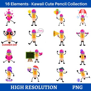 Cute Pencil Clipart, Kawaii Pencil Clipart, Pencils Clipart, Stationery ...
