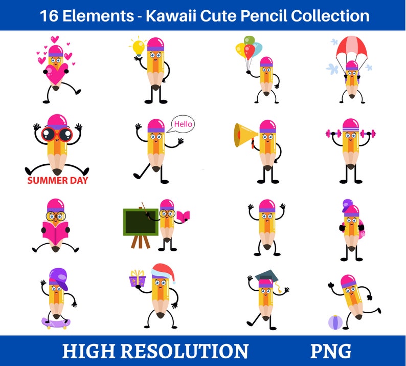 Cute Pencil Clipart, Kawaii Pencil Clipart, Pencils Clipart, Stationery ...