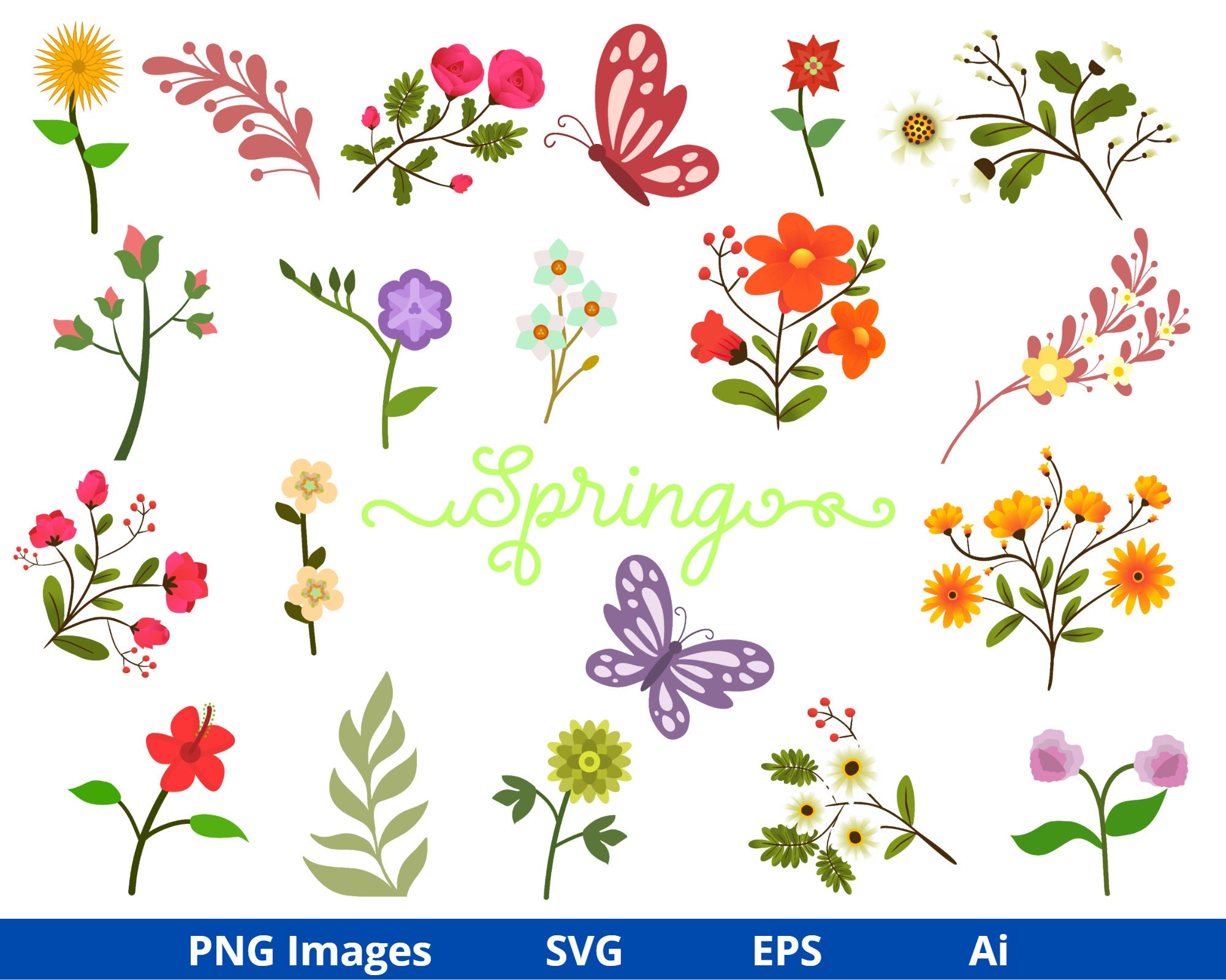 Flowers Clipart Set, Colorful Floral, Spring Flowers, Wedding, Leaves ...