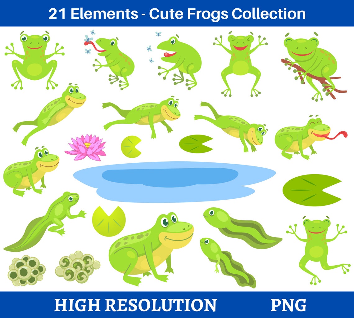 Frogs Clipart, Pond Clipart, Lily Pads Clipart, Summer Clipart, Tadpole ...