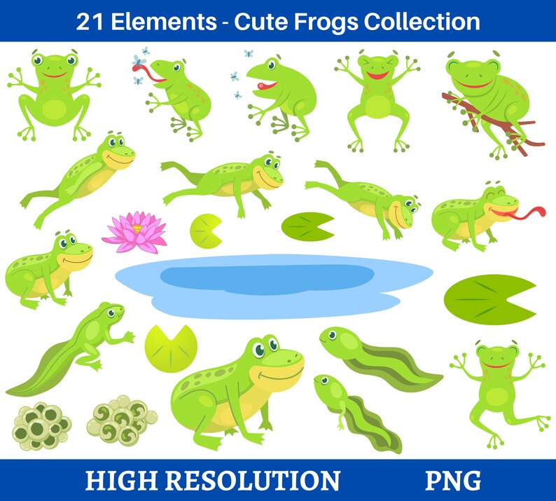Frogs Clipart, Pond Clipart, Lily Pads Clipart, Summer Clipart, Tadpole ...