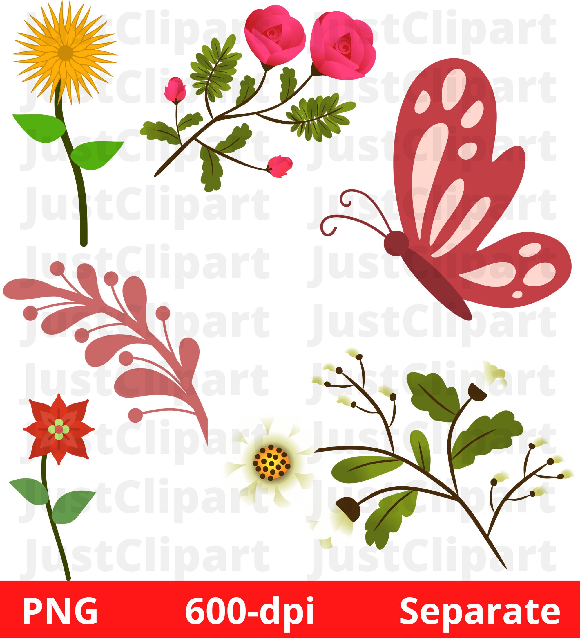 Flowers Clipart Set, Colorful Floral, Spring Flowers, Wedding, Leaves ...