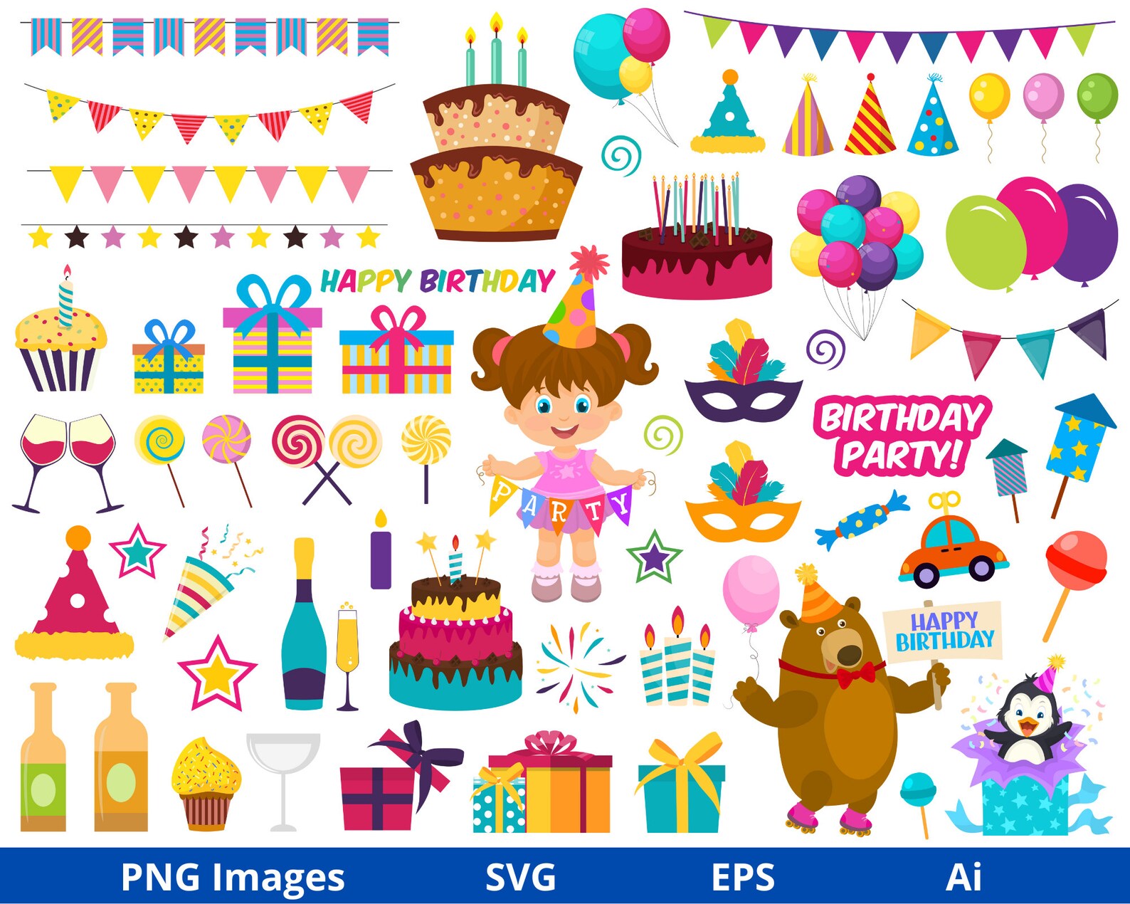 Birthday Clipart, Party Clipart, Garland Clipart, Birthday Girl Clipart ...