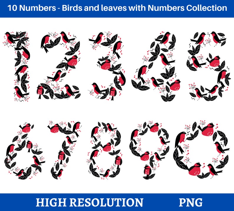 Numbers Clipart, Birds Clipart, Leaves Clipart, Numbers SVG, Numbers ...