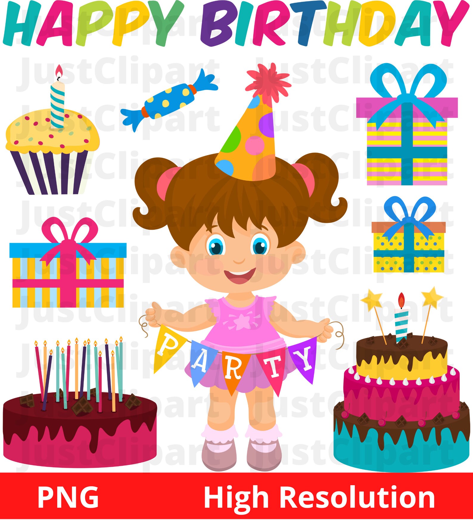 Birthday Clipart, Party Clipart, Garland Clipart, Birthday Girl Clipart ...