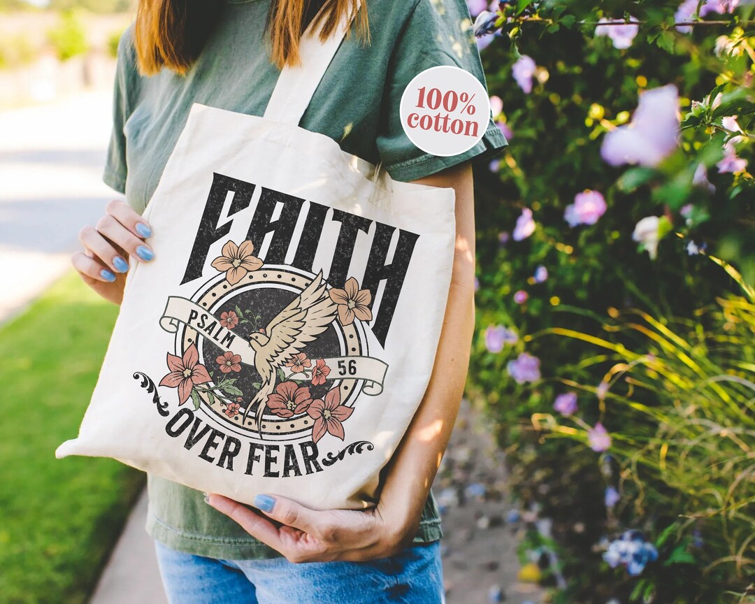 Faith Over Fear Bible Verse Christian 100% Cotton Tote Bag, Trendy ...