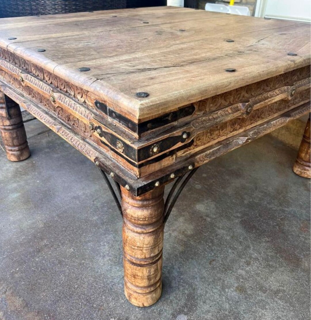 Vintage India Wood Carved Table, Metal Work & Distressed Finished ...