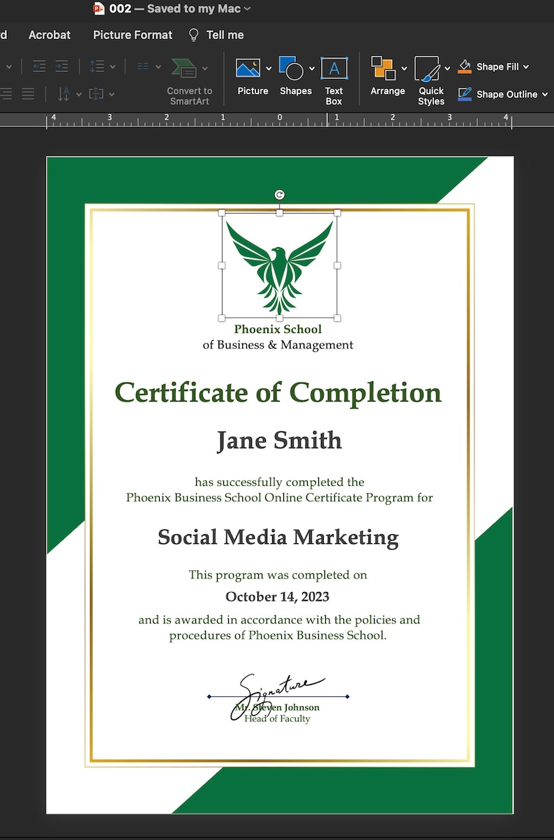 Diploma Certificate of Completion Template Green - Powerpoint (.pptx ...