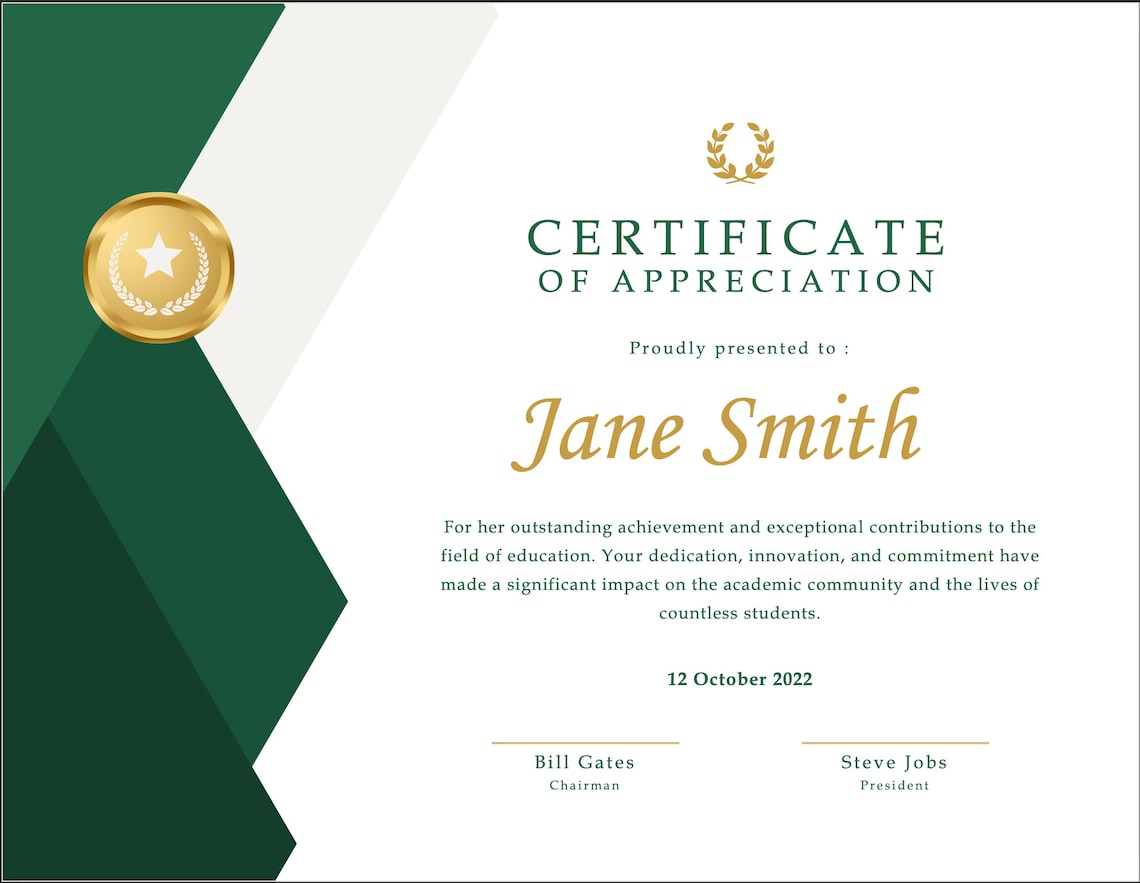 Certificate of Appreciation - Gold and Green, Diploma, Recognition ...