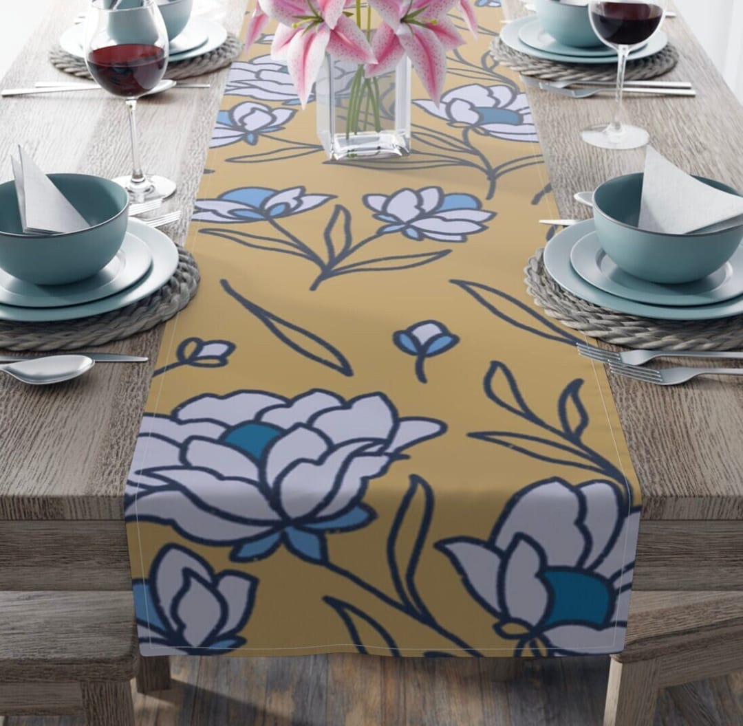 Chinoiserie Inspired Mustard Table Runner, Spring Toile Runner, Mustard ...